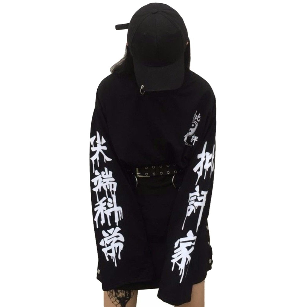 Kawaii Clothing Kanji Letters Sweatshirt Black Punk Hip Hop Emo on Luulla